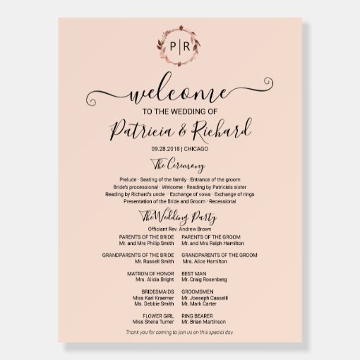 Monogram Wedding Ceremony Program Sign Foam Board | Zazzle