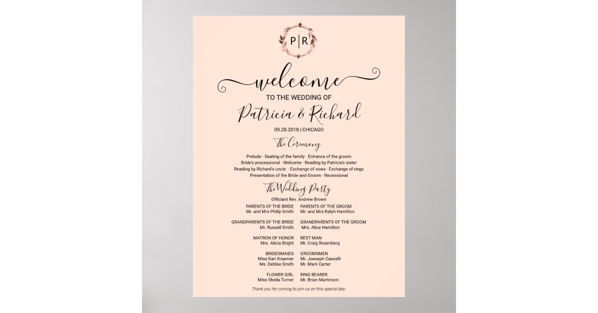 Monogram Wedding Ceremony Program Sign Foam Board | Zazzle