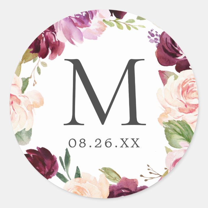 Monogram Wedding Date Plum Purple Floral Wreath Classic Round Sticker ...