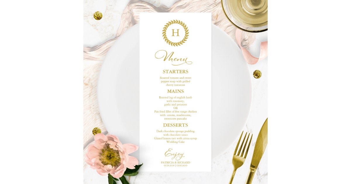 Monogram Wedding Menu Cards Gold | Zazzle