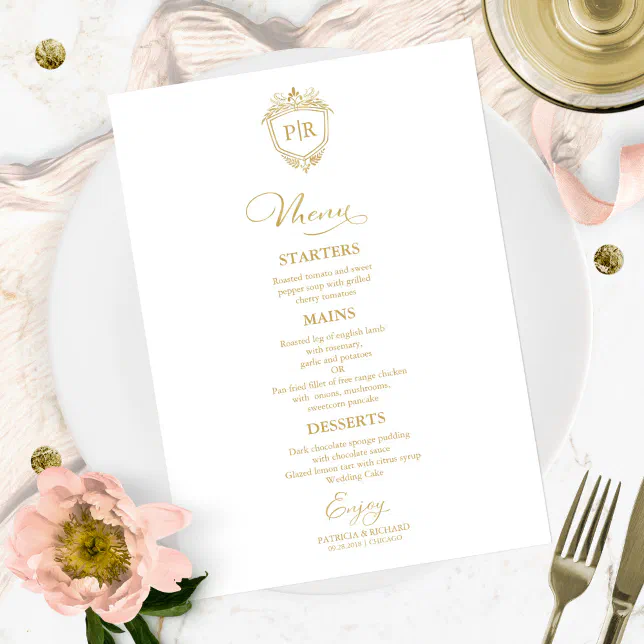 Monogram Wedding Menu Cards Gold Script | Zazzle