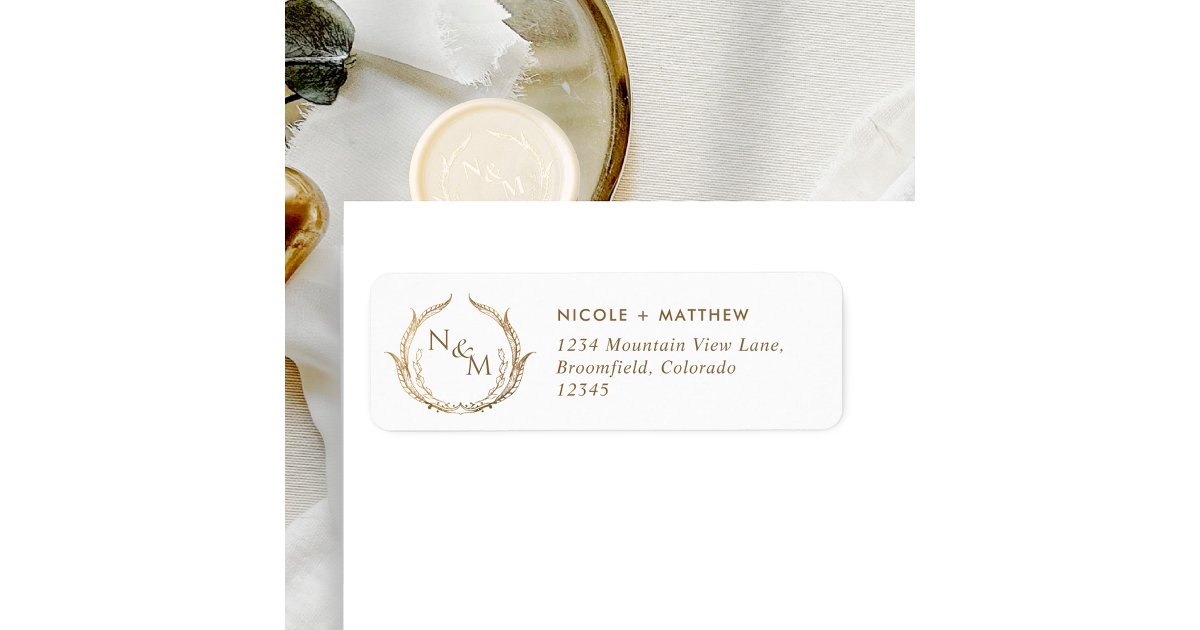 Monogram White and Gold Wedding Return Address Label | Zazzle