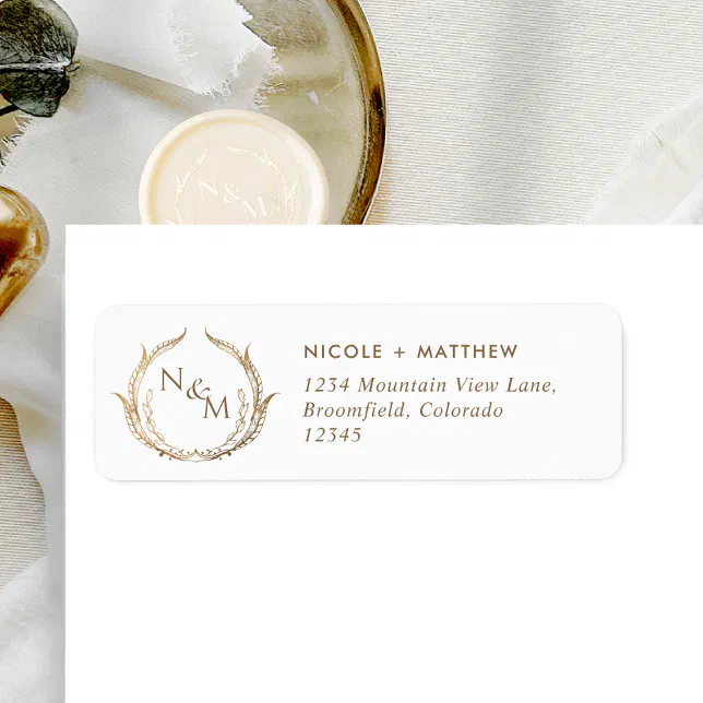 Monogram White and Gold Wedding Return Address Label | Zazzle
