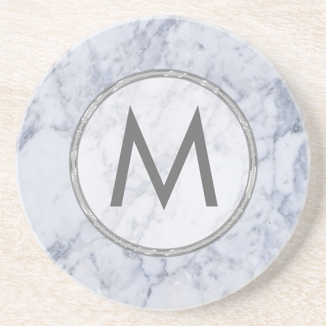 Monogram White And Gray Marble Stone Texture Sandstone Coaster | Zazzle