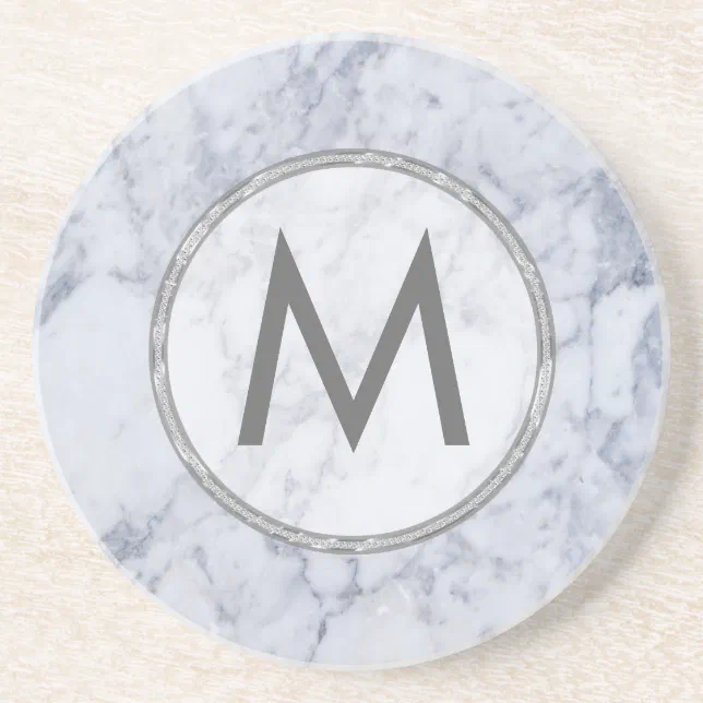 Monogram White And Gray Marble Stone Texture Sandstone Coaster | Zazzle