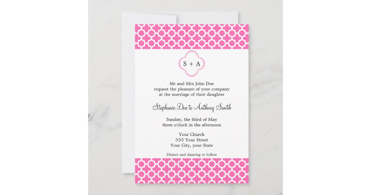 Monogram White on Hot Pink Quatrefoil Pattern Invitation | Zazzle