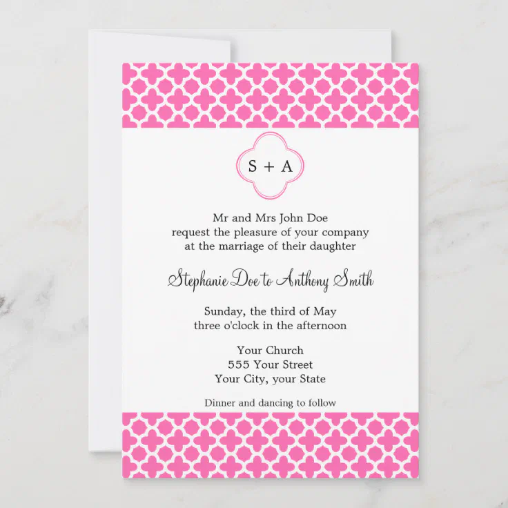Monogram White on Hot Pink Quatrefoil Pattern Invitation | Zazzle