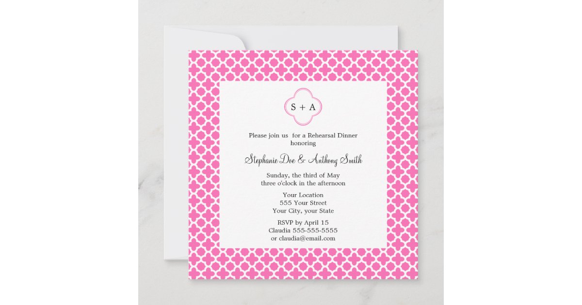 Monogram White on Hot Pink Quatrefoil Pattern Invitation | Zazzle