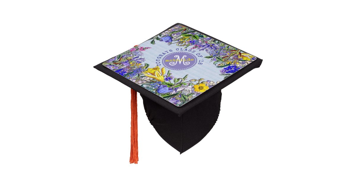 Monogram Wildflowers Vintage Purple Yellow Flowers Graduation Cap ...