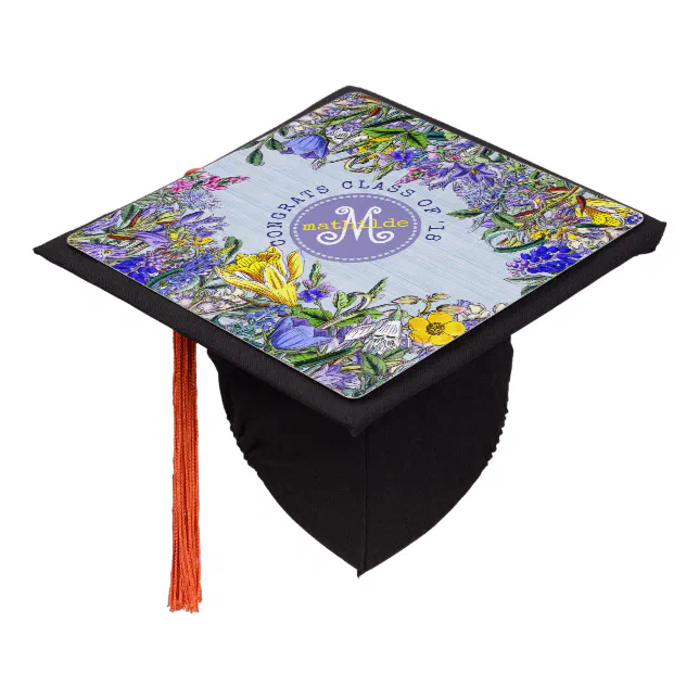 Monogram Wildflowers Vintage Purple Yellow Flowers Graduation Cap ...