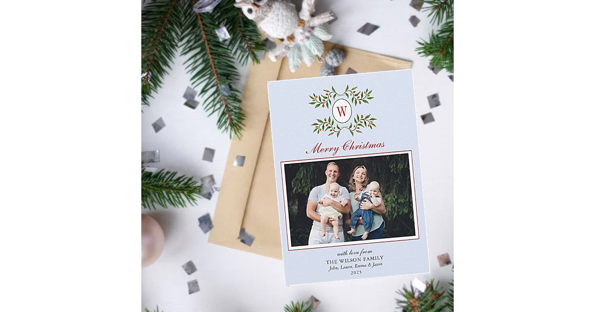 Monogram with Greenery Pale blue Photo Holiday Card | Zazzle