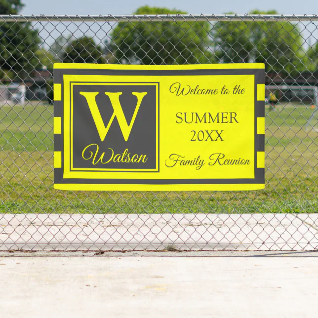 Monogram Yellow Gray Stripes Summer Family Reunion Banner | Zazzle