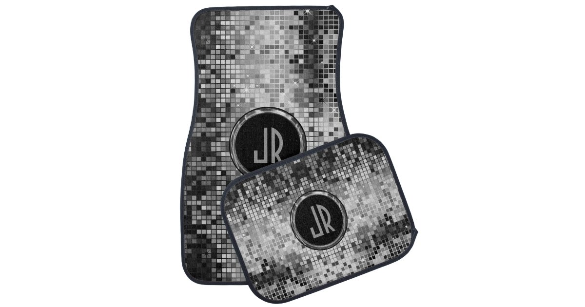 Monogramed Black & White Retro Disco Ball Glitter Car Mat | Zazzle