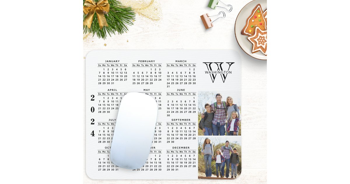 Monogrammed 2024 Calendar White Black Family Photo Mouse Pad | Zazzle