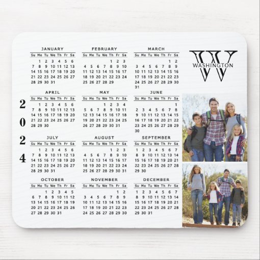 Monogrammed 2024 Calendar White Black Family Photo Mouse Pad | Zazzle