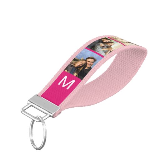 Monogrammed 6 Photo Strip Collage Bright Pink Wrist Keychain | Zazzle.com