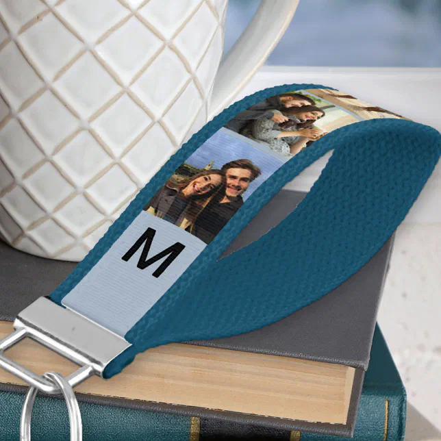 Monogrammed 6 Photo Strip Collage Light Blue Wrist Keychain | Zazzle