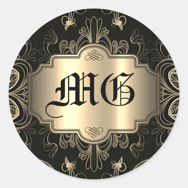 Monogrammed Abstract Floral Black And Gold Classic Round Sticker | Zazzle