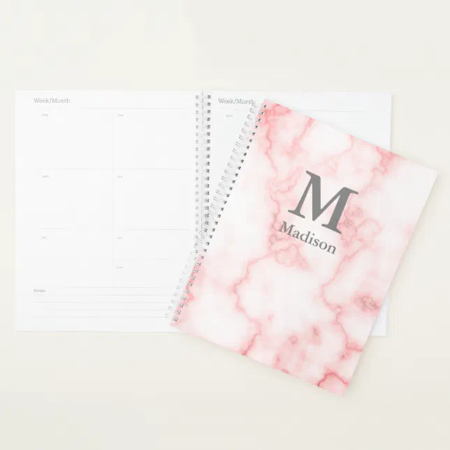 Monogrammed and Faux Pink Marble Planner | Zazzle