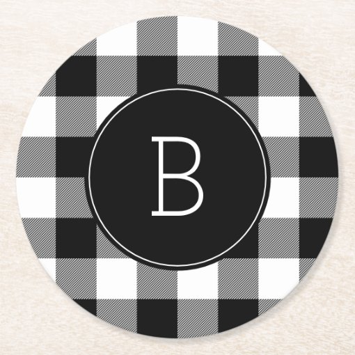 Monogrammed Black and White Buffalo Plaid Round Paper Coaster | Zazzle