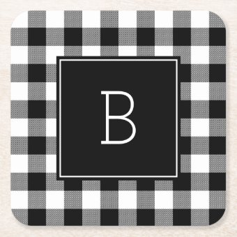Monogrammed Black and White Buffalo Plaid Square Paper Coaster | Zazzle