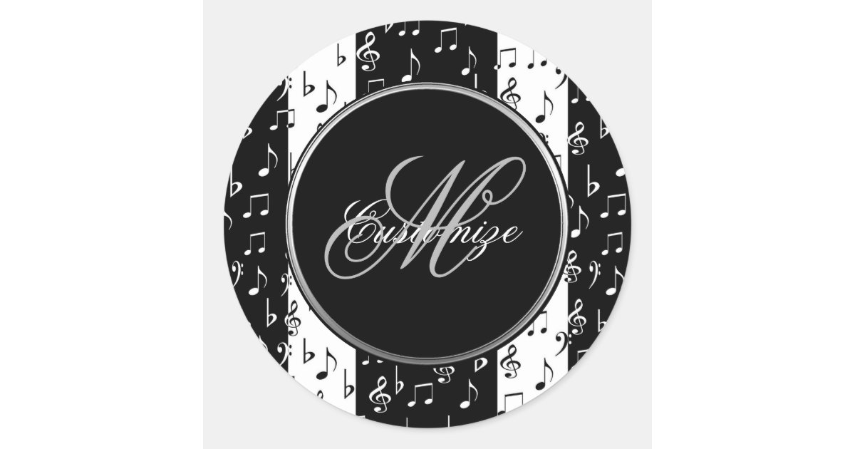 Monogrammed Black & White Musical Stripes Classic Round Sticker | Zazzle