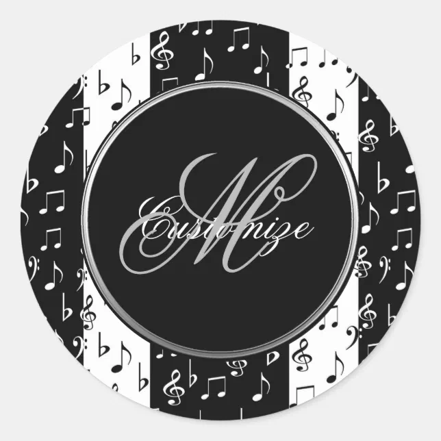Monogrammed Black & White Musical Stripes Classic Round Sticker | Zazzle