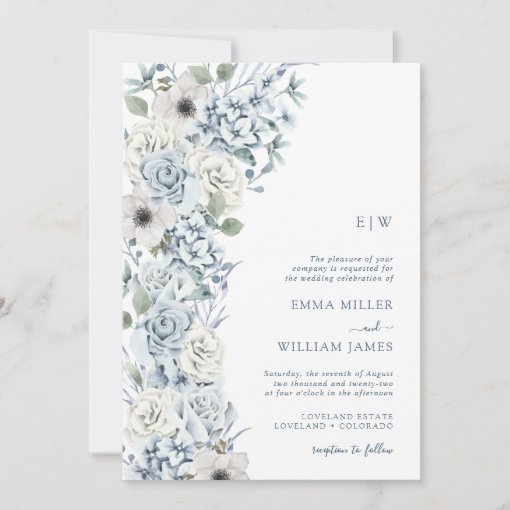 Monogrammed Blue Floral Wedding Invitation | Zazzle