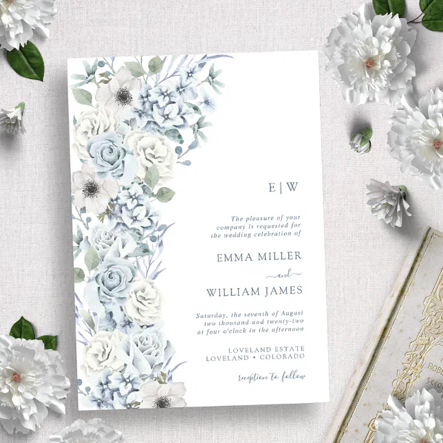 Monogrammed Blue Floral Wedding Invitation | Zazzle