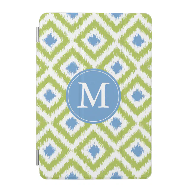 Monogrammed Blue Green Diamond Ikat Pattern iPad Mini Cover | Zazzle