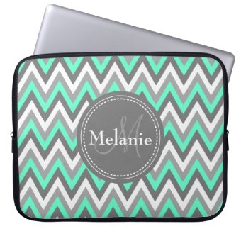 Monogrammed Blue & Grey Chevron Pattern Laptop Sleeve | Zazzle