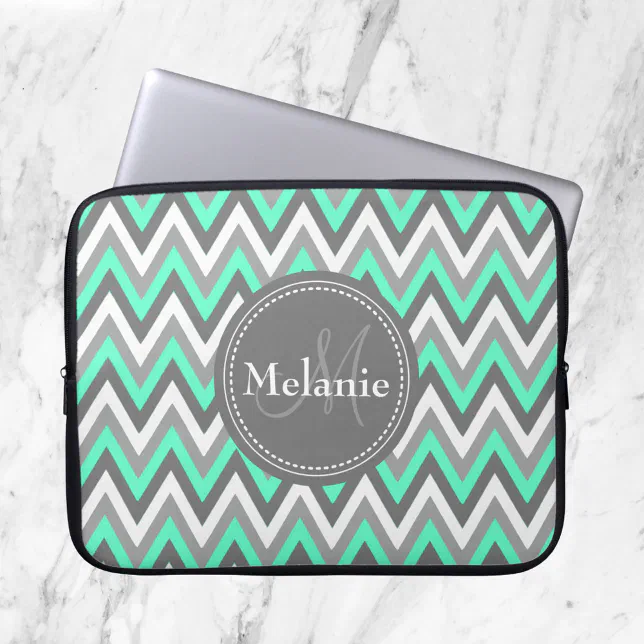 Monogrammed Blue & Grey Chevron Pattern Laptop Sleeve | Zazzle