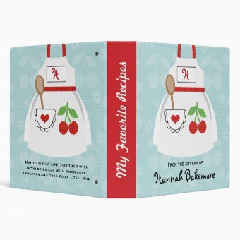 Monogrammed Blue Red Cherry Apron Recipe Binder | Zazzle
