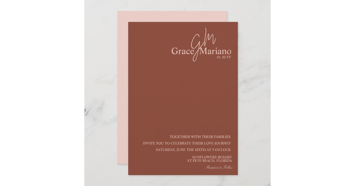 Monogrammed Brown Pink Script Logo Wedding Invitation | Zazzle