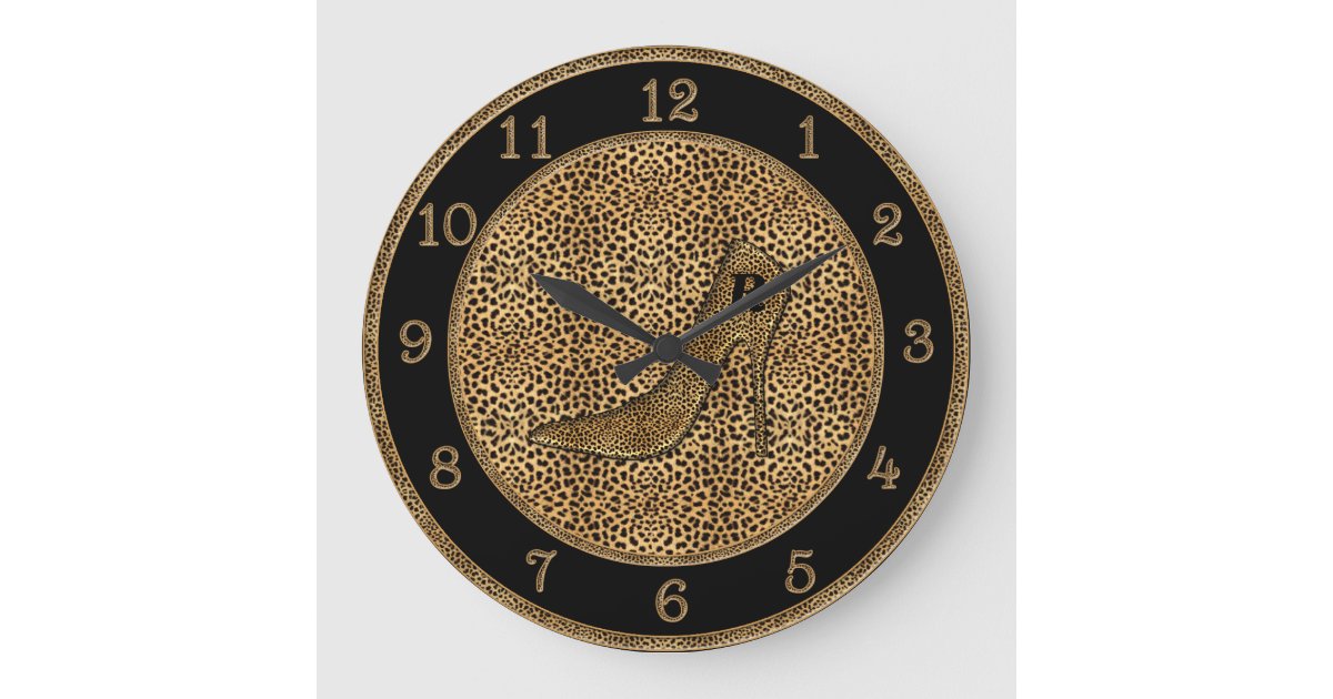 Monogrammed Cheetah Print and Stiletto Large Clock | Zazzle