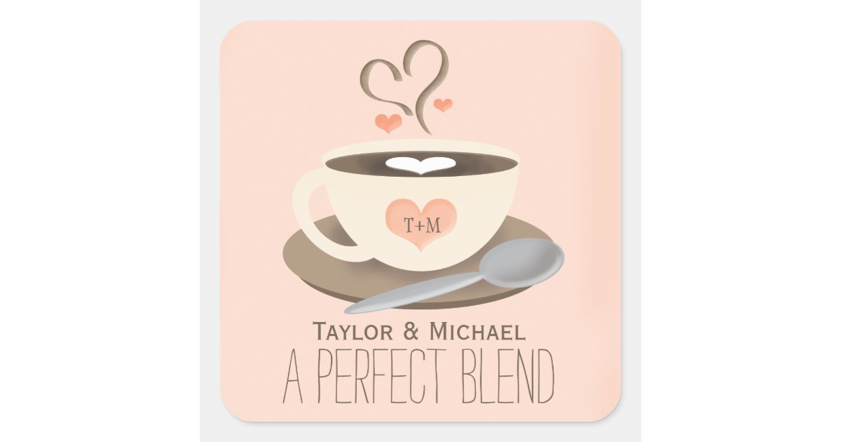 Monogrammed Coffee Cup Heart Wedding Party Favor Square Sticker | Zazzle