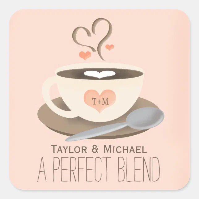 Monogrammed Coffee Cup Heart Wedding Party Favor Square Sticker | Zazzle