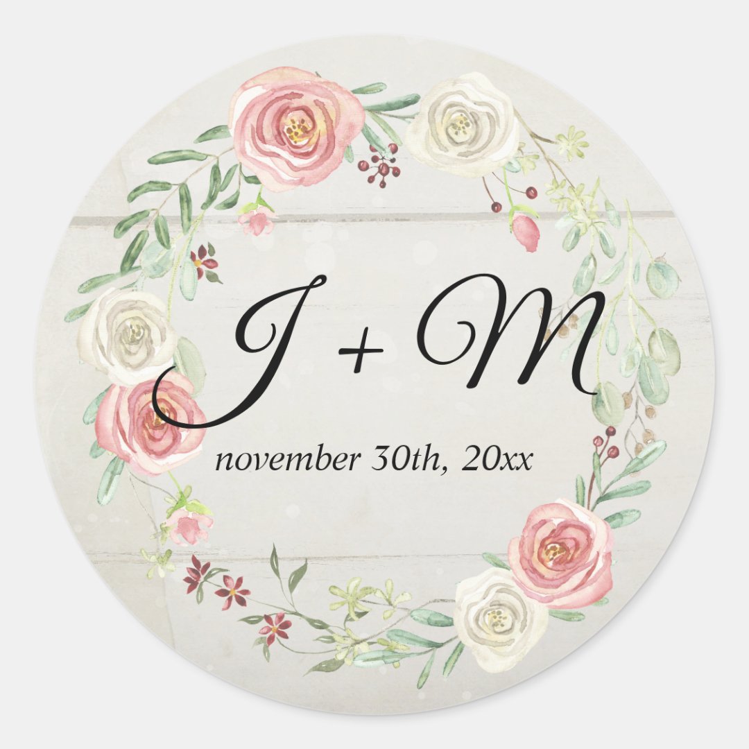 Monogrammed Envelope Rustic Wood Blush Rose Floral Classic Round ...