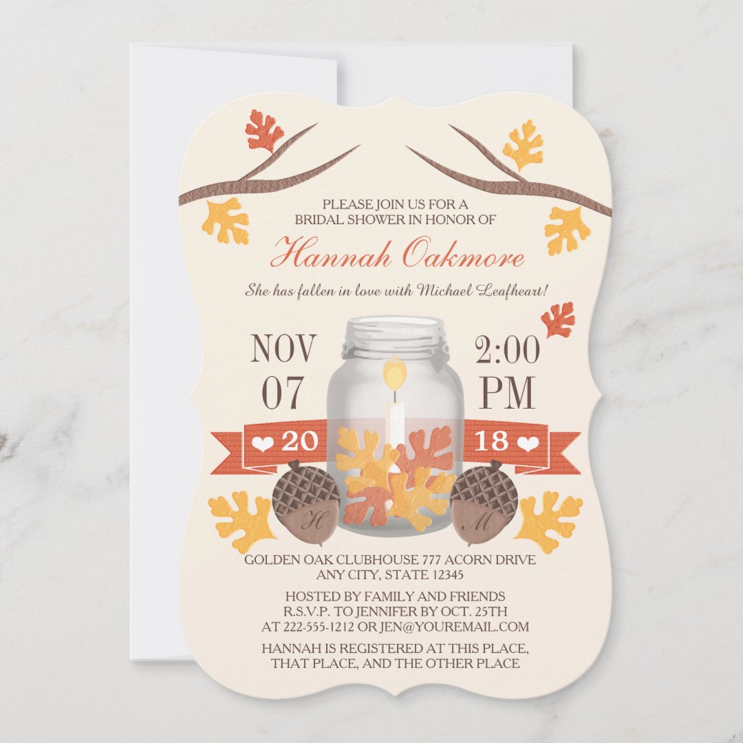 Monogrammed Fall Leaves Mason Jar Bridal Shower Invitation | Zazzle