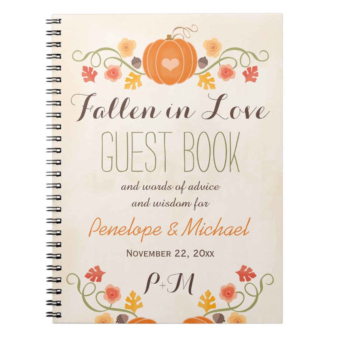 Monogrammed Fall Pumpkin Acorn Wedding Guest Boook Notebook | Zazzle