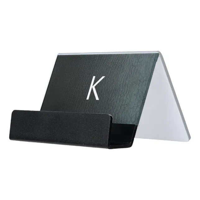 Monogrammed Faux Black Leather Texture Desk Business Card Holder | Zazzle