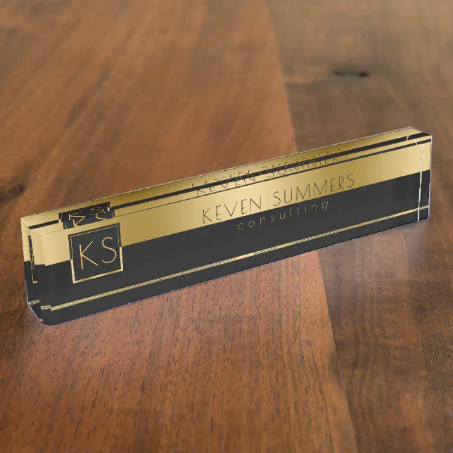 Monogrammed Gold & Black Modern Design Desk Name Plate | Zazzle