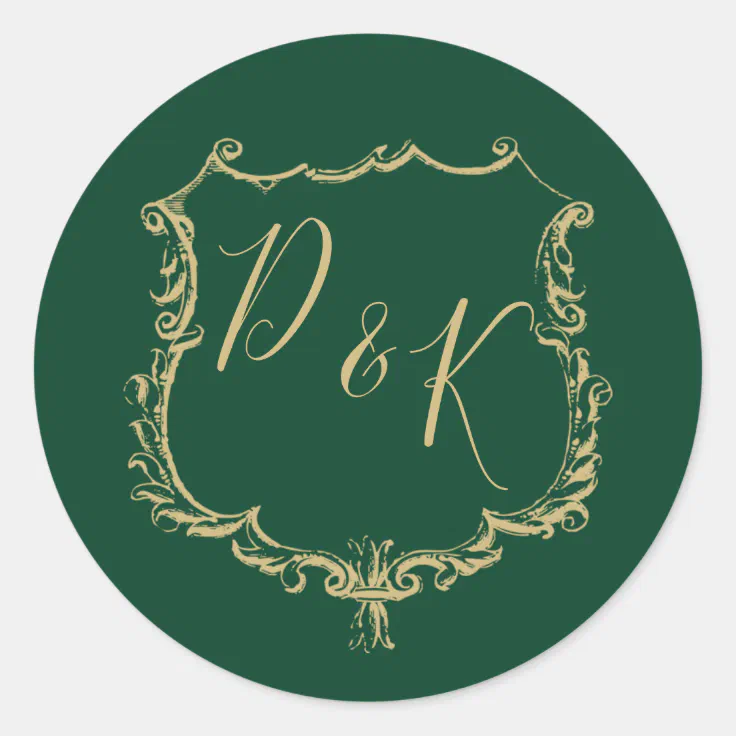 Monogrammed Gold Crest and Forest Green Wedding Classic Round Sticker ...