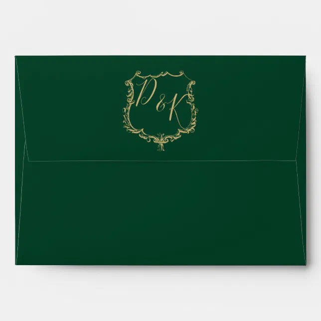 Monogrammed Gold Crest and Forest Green Wedding Envelope | Zazzle