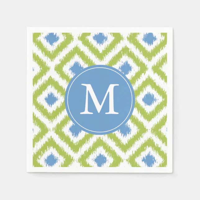 Monogrammed Green and Blue Ikat Diamonds Pattern Paper Napkins | Zazzle