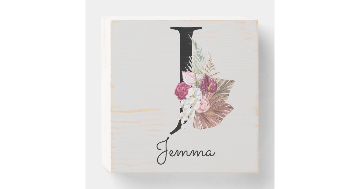 Monogrammed Initial J Pink Boho Girly Floral Wooden Box Sign | Zazzle