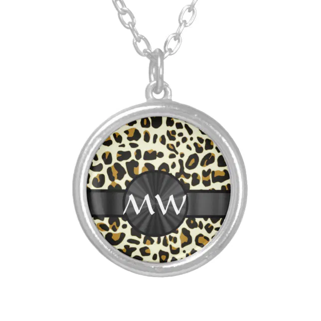 Monogrammed leopard print silver plated necklace | Zazzle