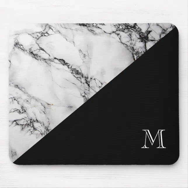 Monogrammed Marble Stone Texture Black And White Mouse Pad | Zazzle