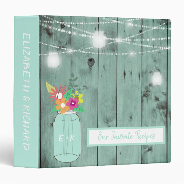 Monogrammed Mason Jar Rustic Wood Favorite Recipes 3 Ring Binder | Zazzle