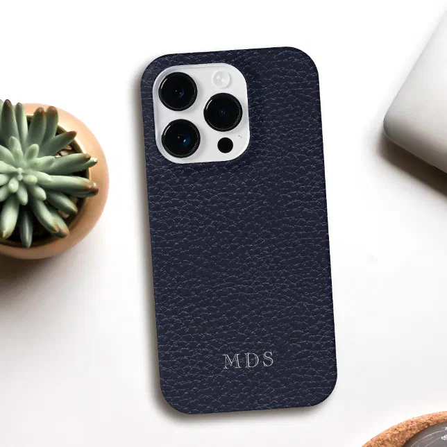 Monogrammed Midnight Blue Faux Leather Look Case-Mate iPhone Case | Zazzle